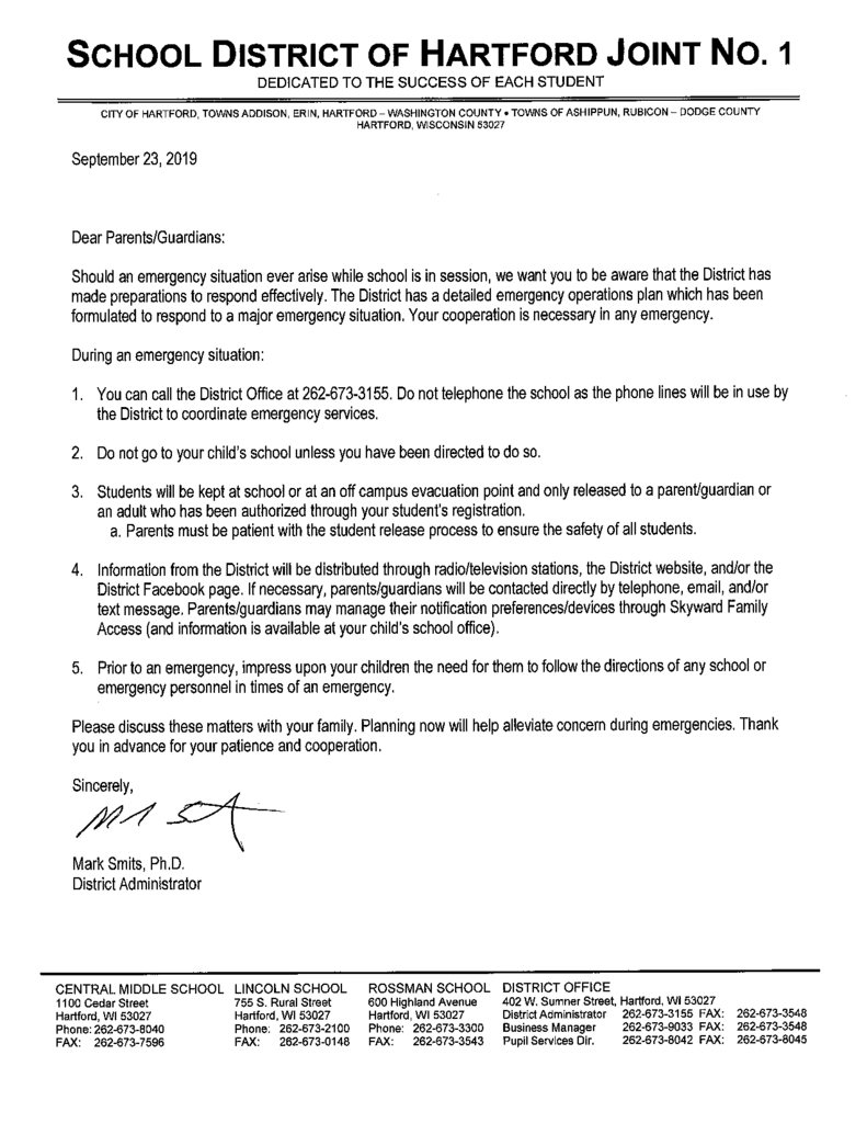 Parent Emergency Letter - Sept 2019 | School District of Hartford