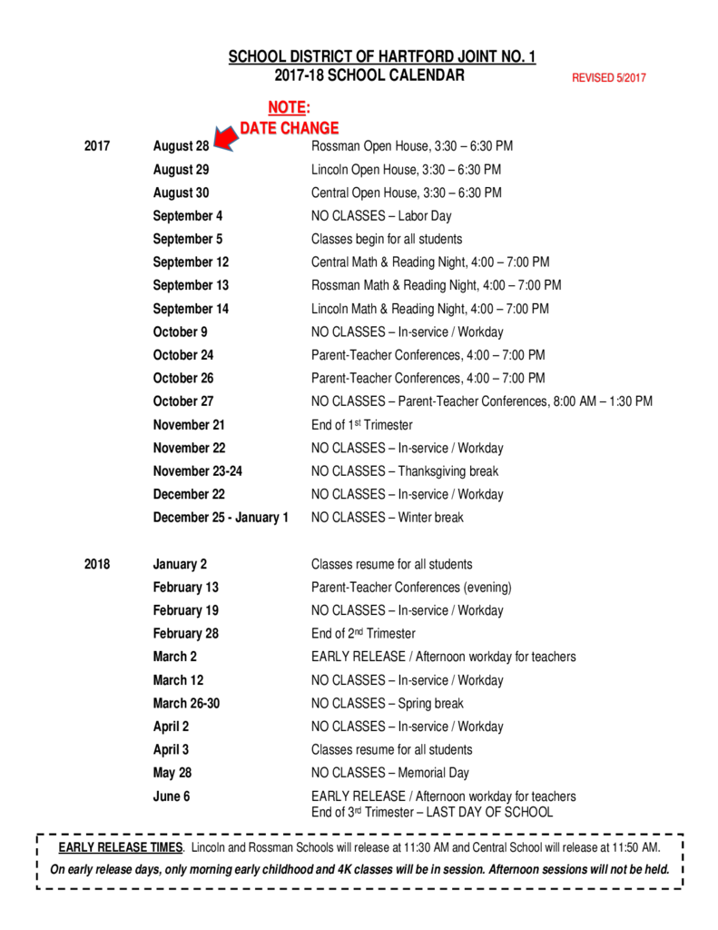 School Year Calendar 2017-18 | School District of Hartford
