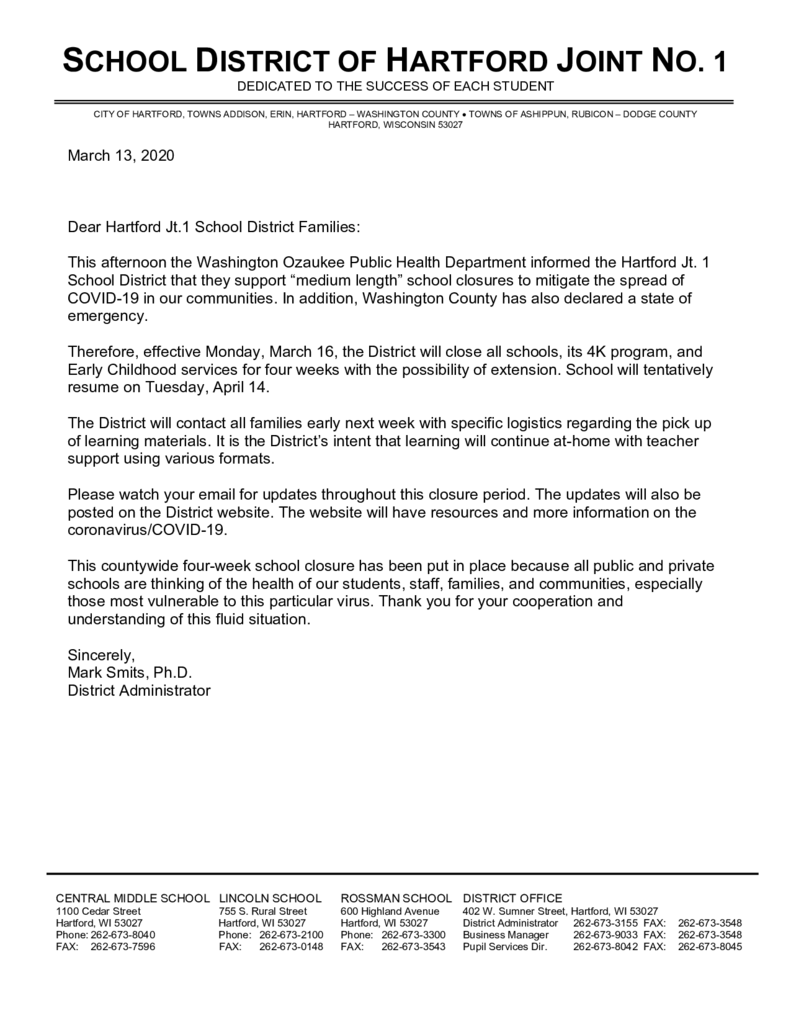 COVID-19 School Closure Parent Letter (3/13/2020) | School District of ...